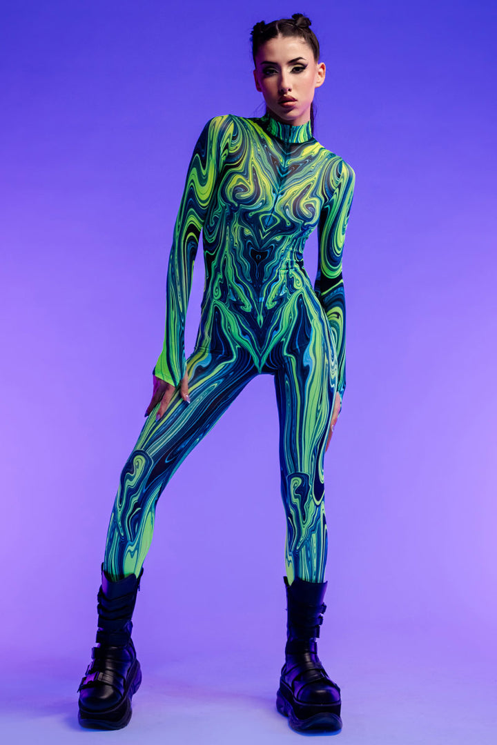 Acid Rain Front Zip Full Body Rave Costume for Women | Devil Walking