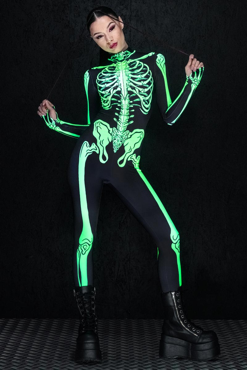Acid Green Neon Skeleton Costume for Women | Devil Walking