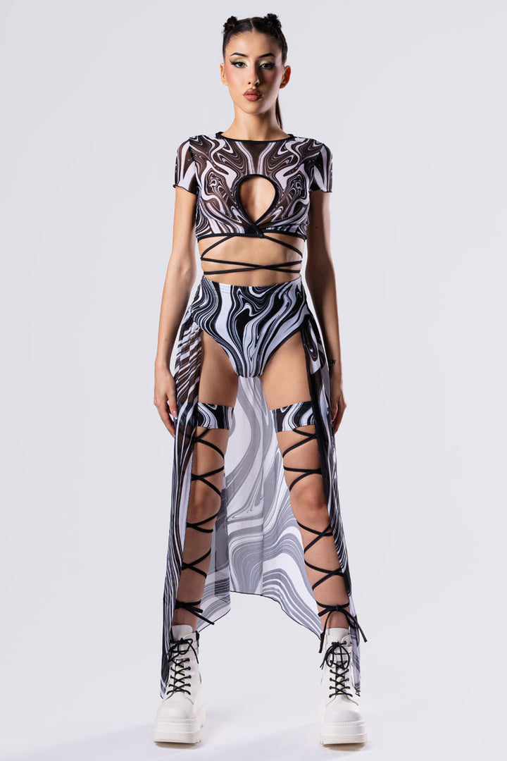 Black and White Chaos Mesh Strappy Crop Top for Rave | Devil Walking
