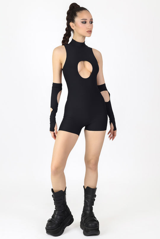 All Black Cut Out Short Romper for Women | Devil Walking