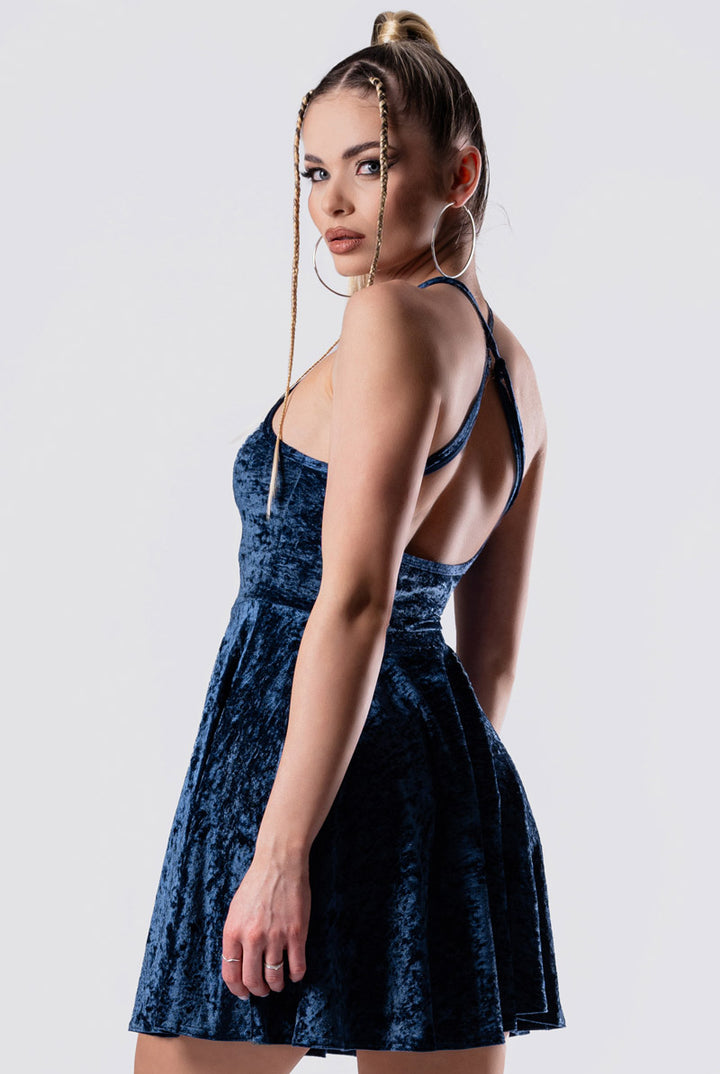 Cosmic Indigo Open Back Skater Dress - Blue Velvet | Devil Walking
