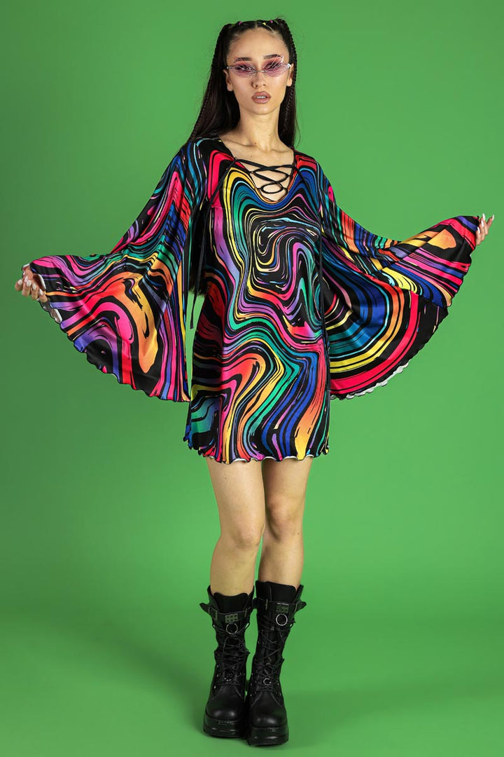 Printed Dazzle Dance Bell Sleeve Dress - Pride Outfit | Devil Walking