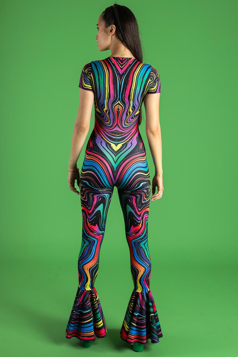 Dazzle Dance V Neckline Bell Bottoms Jumpsuit for Rave | Devil Walking