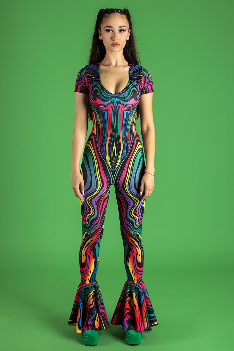 Dazzle Dance V Neckline Bell Bottoms Jumpsuit for Rave | Devil Walking
