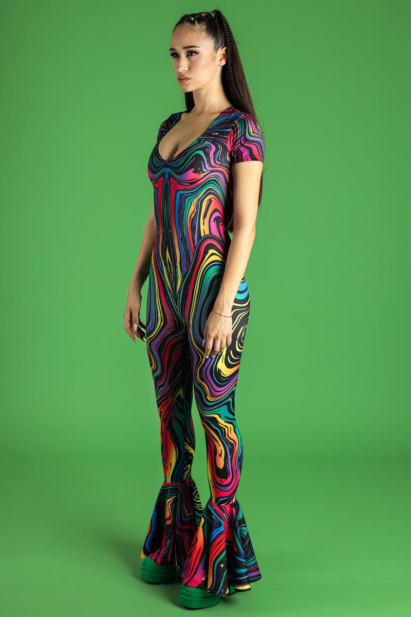 Dazzle Dance V Neckline Bell Bottoms Jumpsuit for Rave | Devil Walking