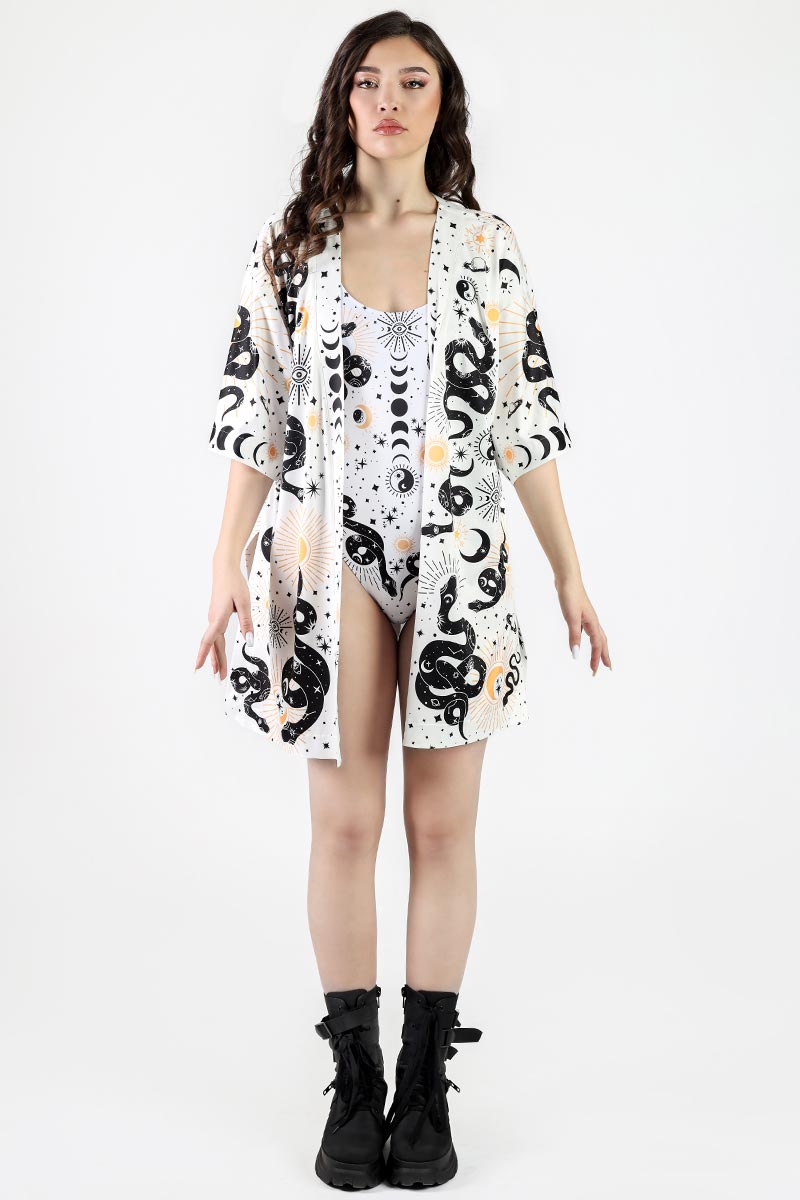 Divine Serpent Casual Goth Kimono in White for Women | Devil Walking