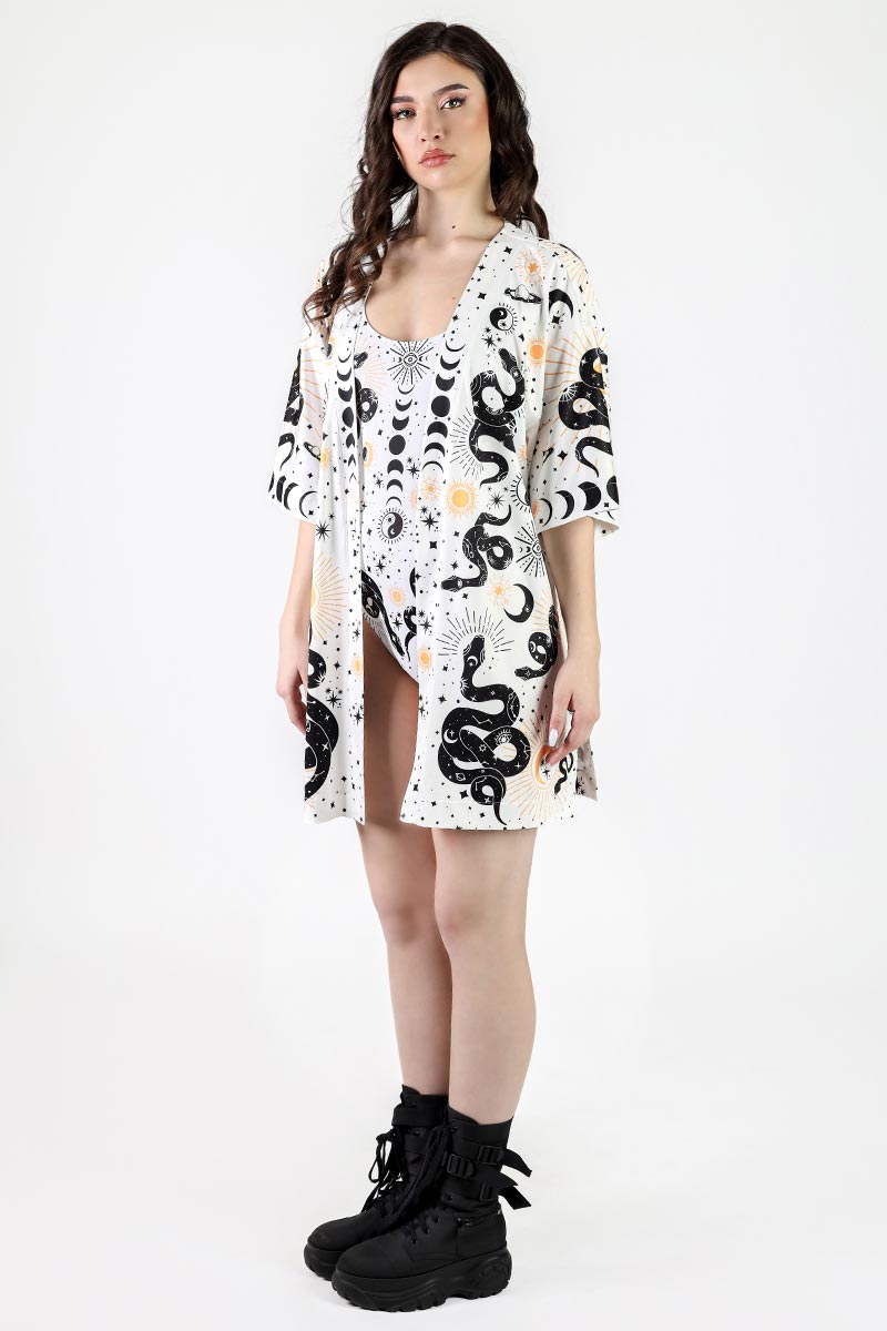 Divine Serpent Casual Goth Kimono in White for Women | Devil Walking