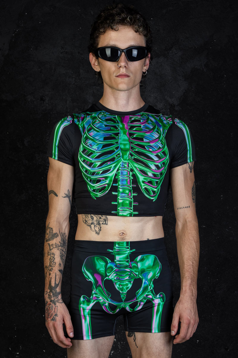 Emerald Skeleton Shorts Sleeves Crop Top for Halloween | Devil Walking