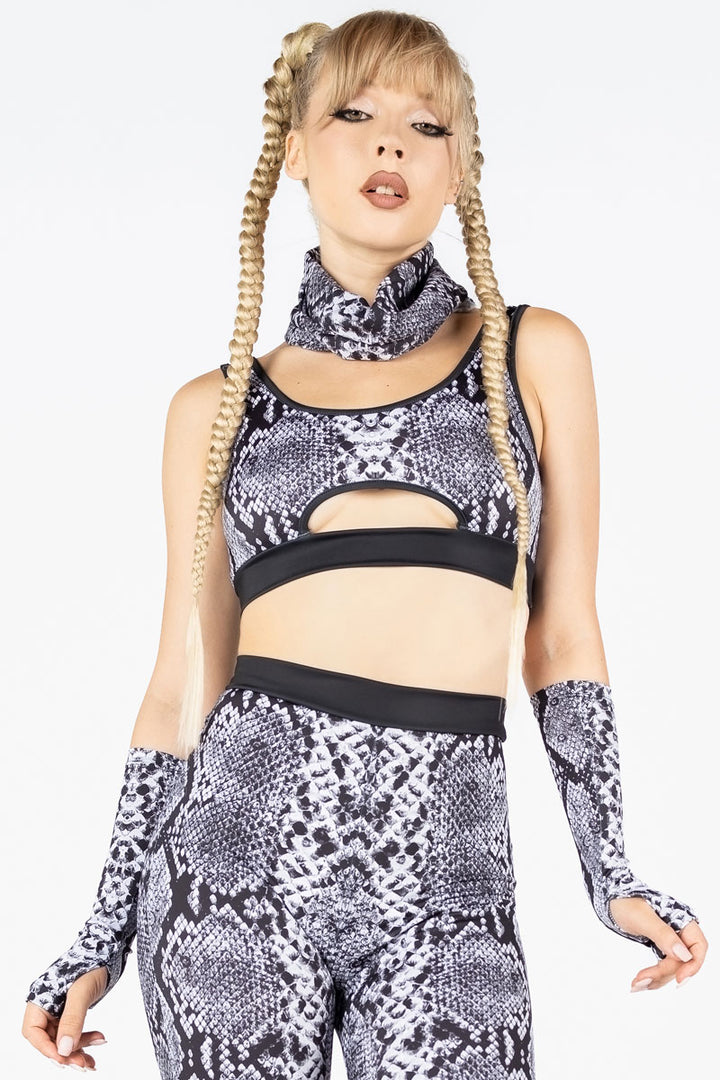 Printed Grey Snakeskin Cut Out Bra Top | Devil Walking
