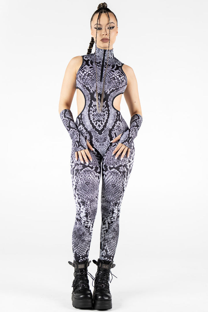 Grey Snakeskin Cut Out One Piece Catsuit Bodysuit | Devil Walking