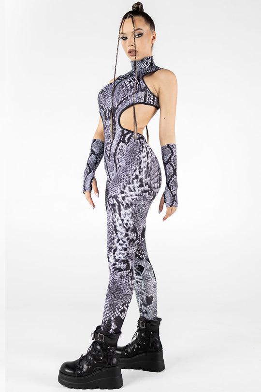 Grey Snakeskin Cut Out One Piece Catsuit Bodysuit | Devil Walking