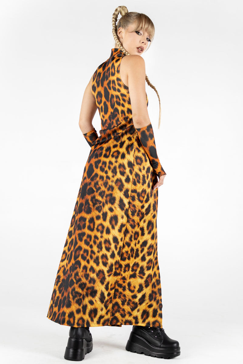 Leopard Cut Out Sleeveless Maxi Dress with Front Zip | Devil Walking
