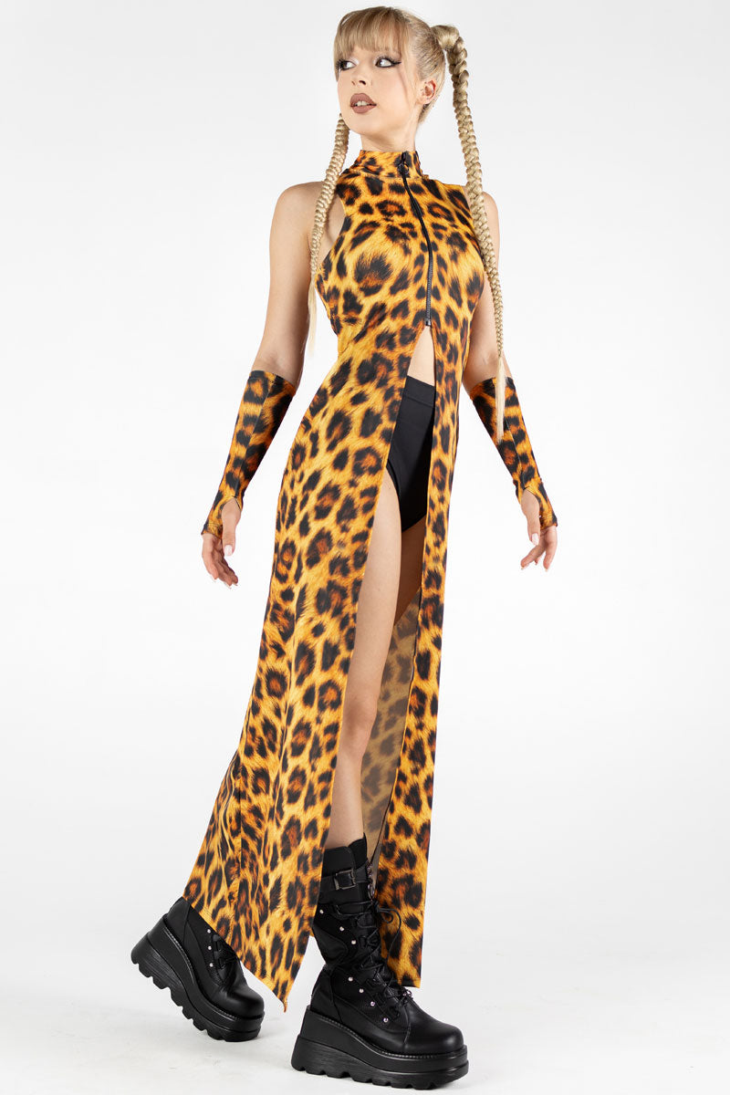 Leopard Cut Out Sleeveless Maxi Dress with Front Zip | Devil Walking