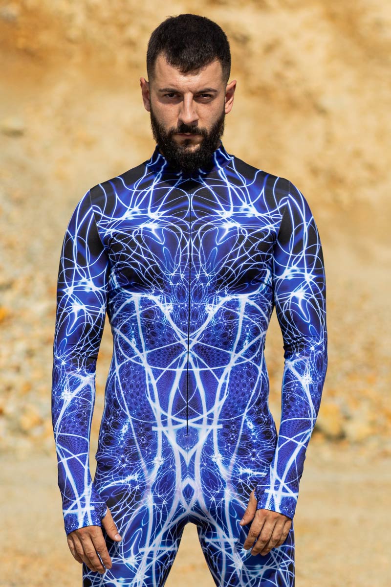 Men's Lightning One Piece Rave Costume in Blue & Black | Devil Walking