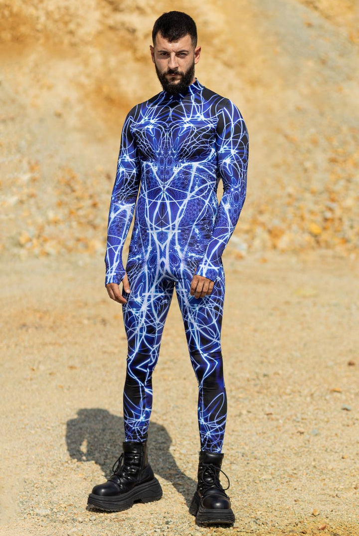 Men's Lightning One Piece Rave Costume in Blue & Black | Devil Walking