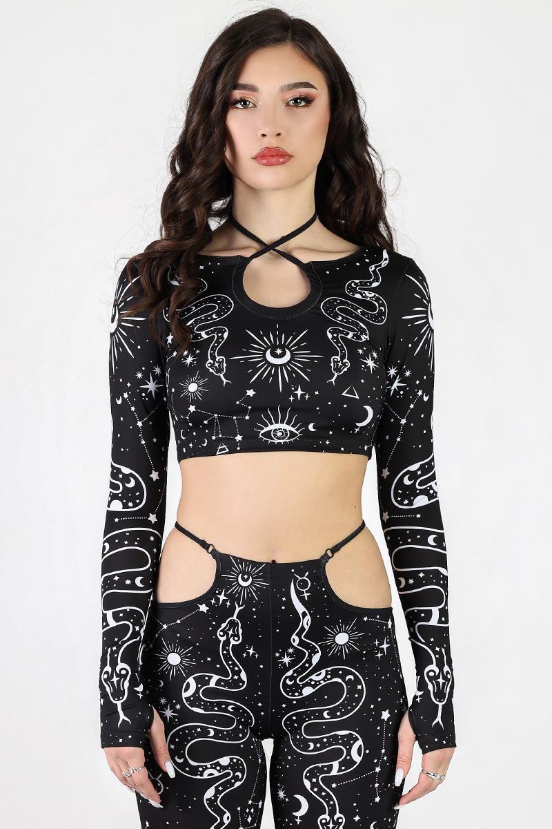 Lilith Halter Cutout Long Sleeve Goth Crop Top in Black | Devil Walking