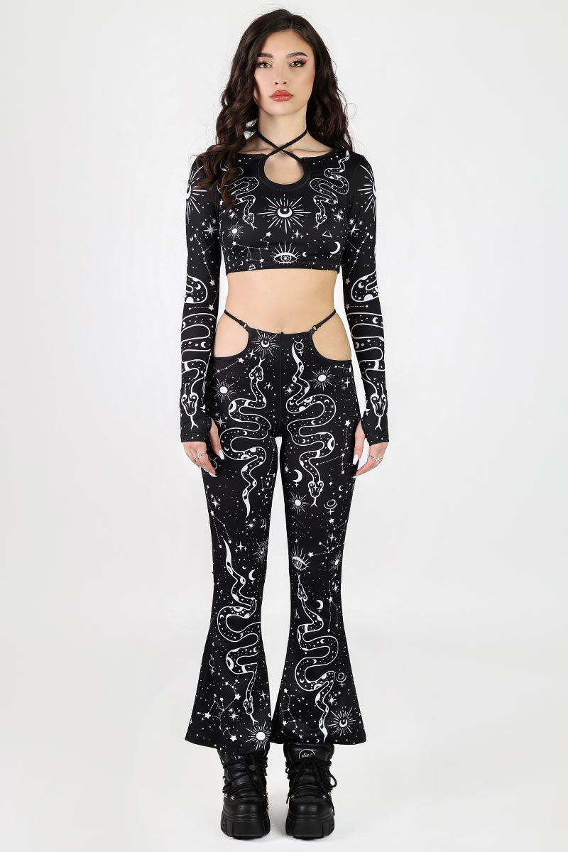 Lilith Side Cut Out Goth Flare Pants Set in Black | Devil Walking