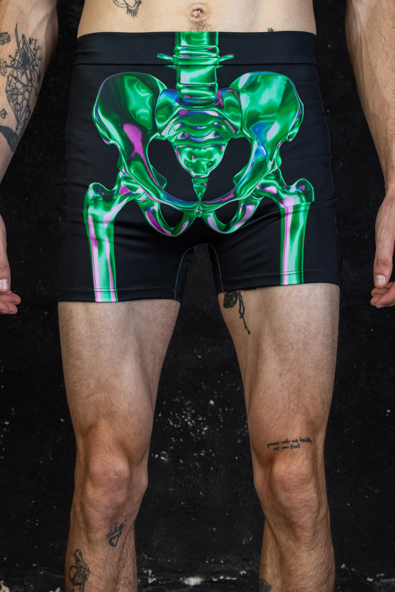 Emerald Skeleton High Waisted Men Shorts for Rave | Devil Walking