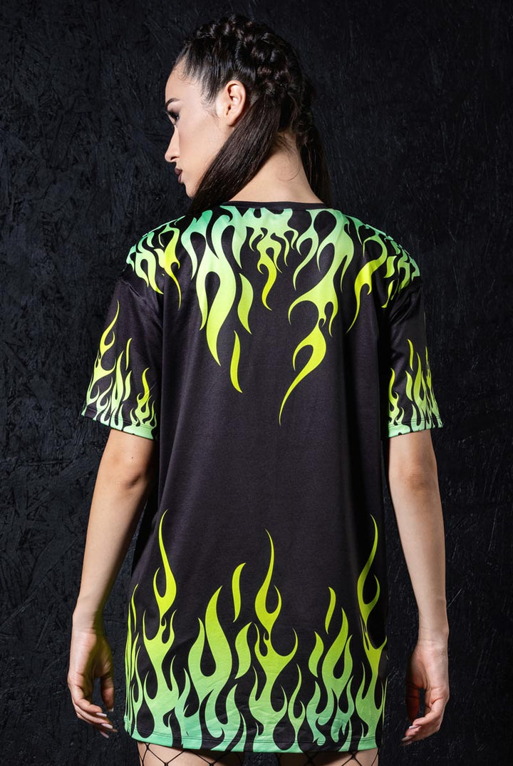 Neon Fire Dance Oversized Tee Shirt Dress for Women | Devil Walking