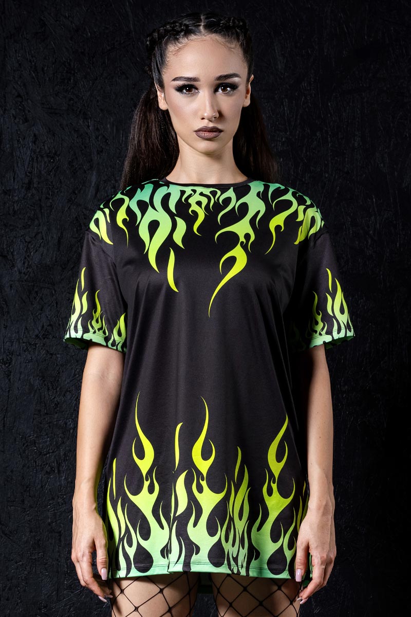 Neon Fire Dance Oversized Tee Shirt Dress for Women | Devil Walking