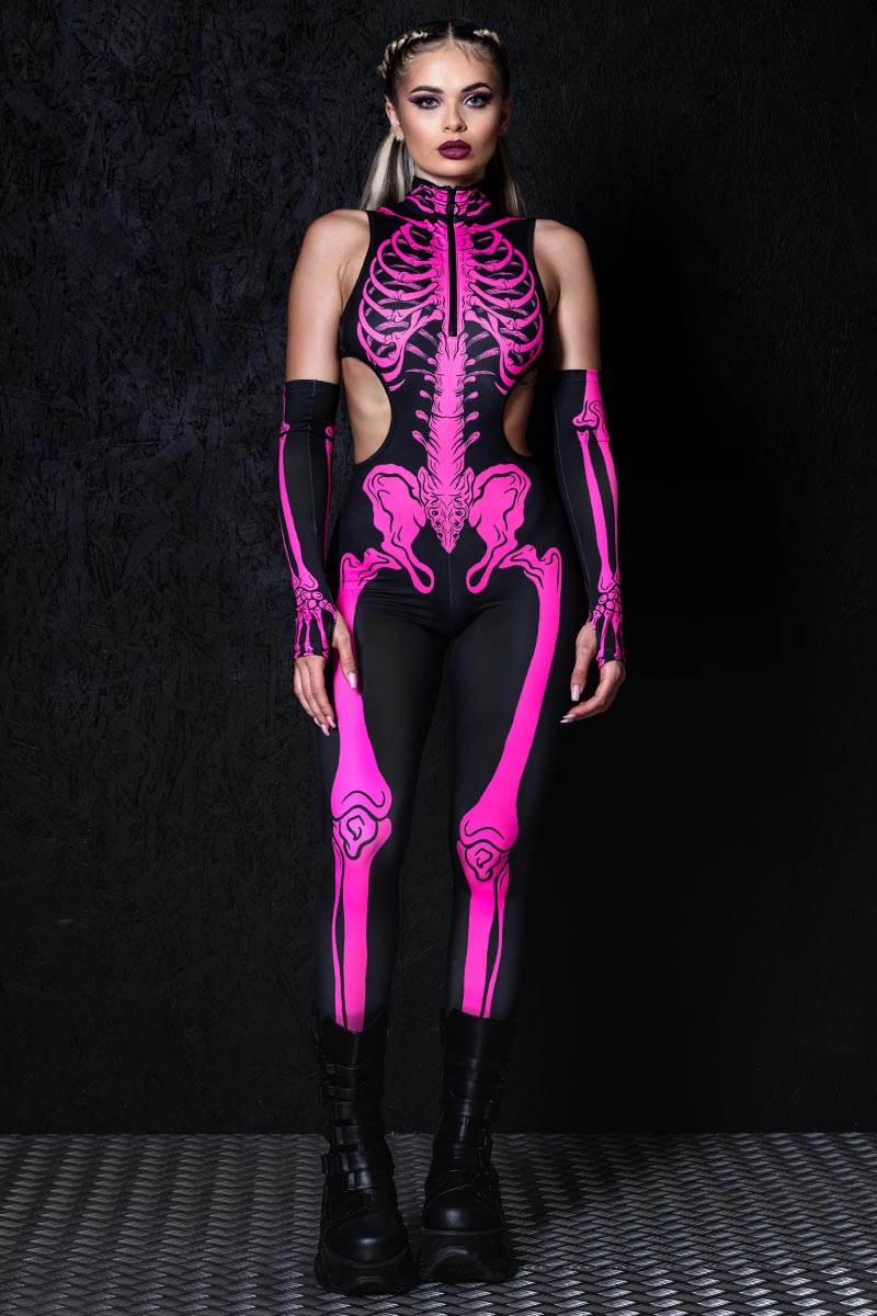 Neon Pink Skeleton Cut Out Catsuit - Halloween Costume | Devil Walking