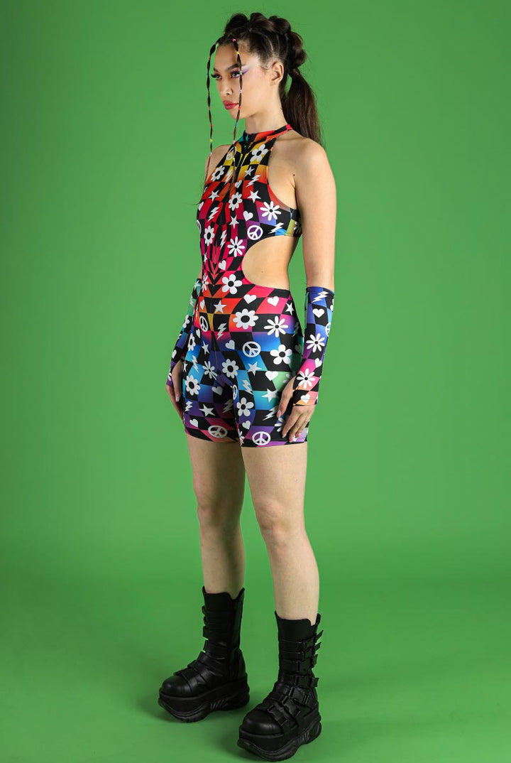 Peaceful Love Front Zip Cut Out Romper in Rainbow Color | DevilWalking