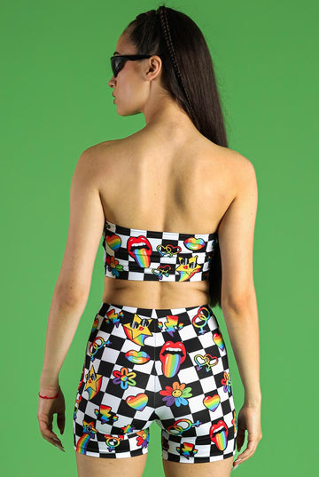 Pride Stickerbomb Front Zip Tube Top with Checkered Print | DevilWalking