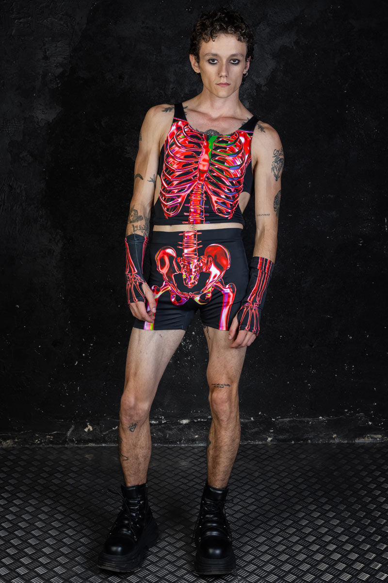 Red Ruby Skeleton High Waisted Men Shorts for Halloween| Devil Walking
