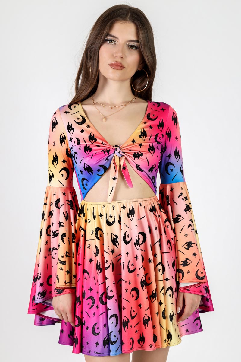 Sunset Sorcery Front Tie Knot Dress with Bell Sleeves | Devil Walking