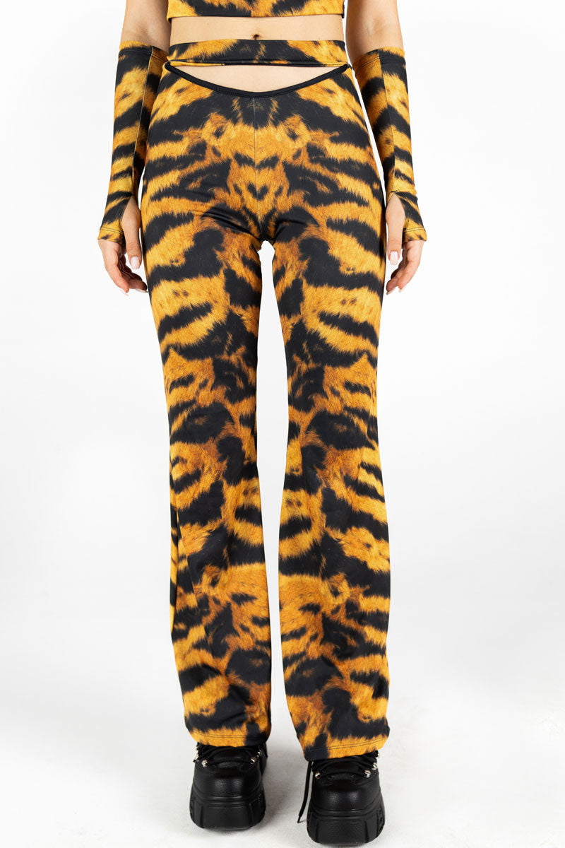 Printed Tiger Cut Out Flare Pants with Wide Legs | Devil Walking
