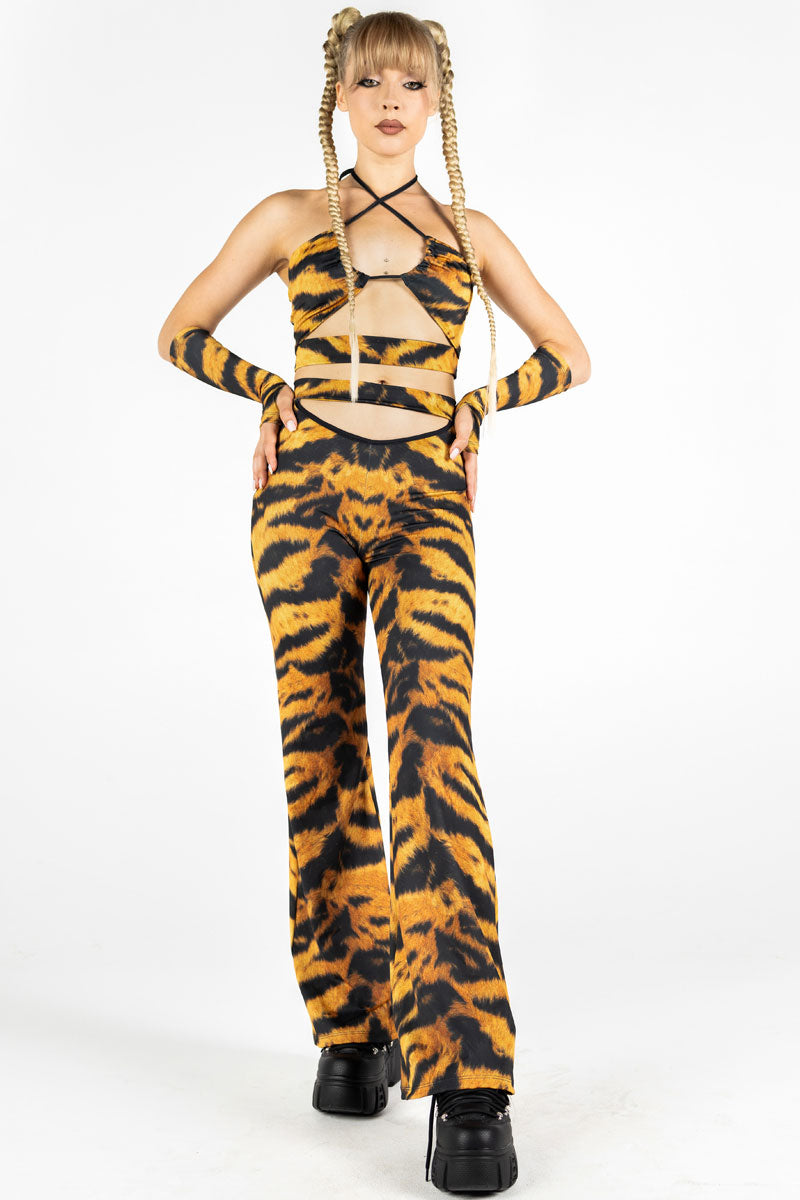 Printed Tiger Cut Out Flare Pants with Wide Legs | Devil Walking