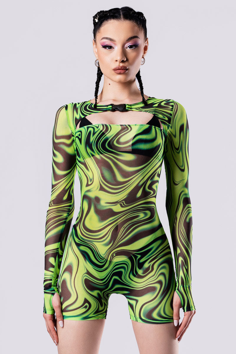 Toxic Drip Mesh Long Sleeve Romper - Green Rave Outfit | Devil Walking