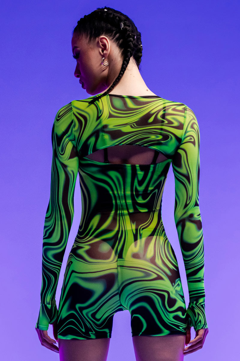Toxic Drip Mesh Long Sleeve Romper - Green Rave Outfit | Devil Walking