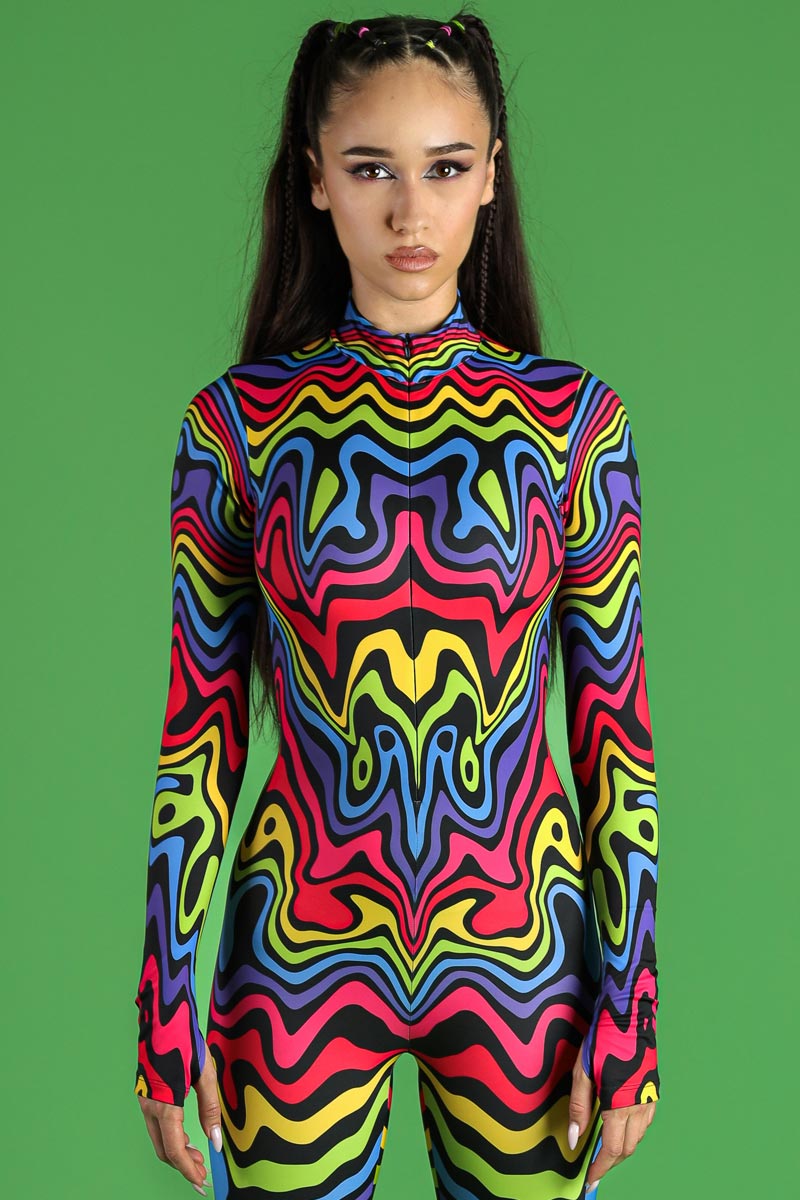 Trippy Stripes Costume in Black & Rainbow Colors | Devil Walking