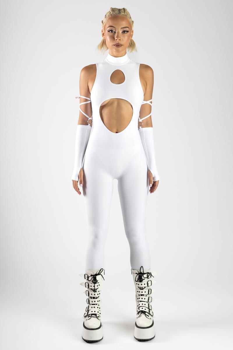 White Cut Out Rave Catsuit - Party One Piece Outfit | Devil Walking