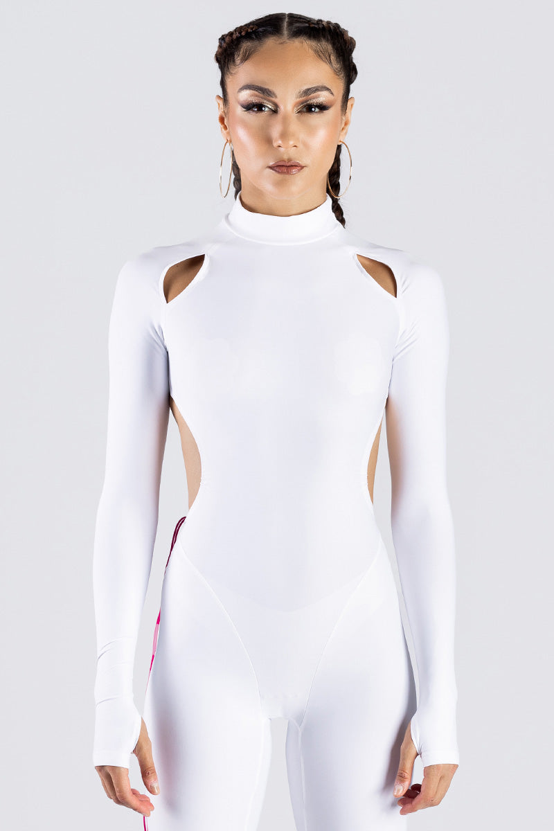 White Long Sleeve Cut Out Catsuit - Party Costume | Devil Walking