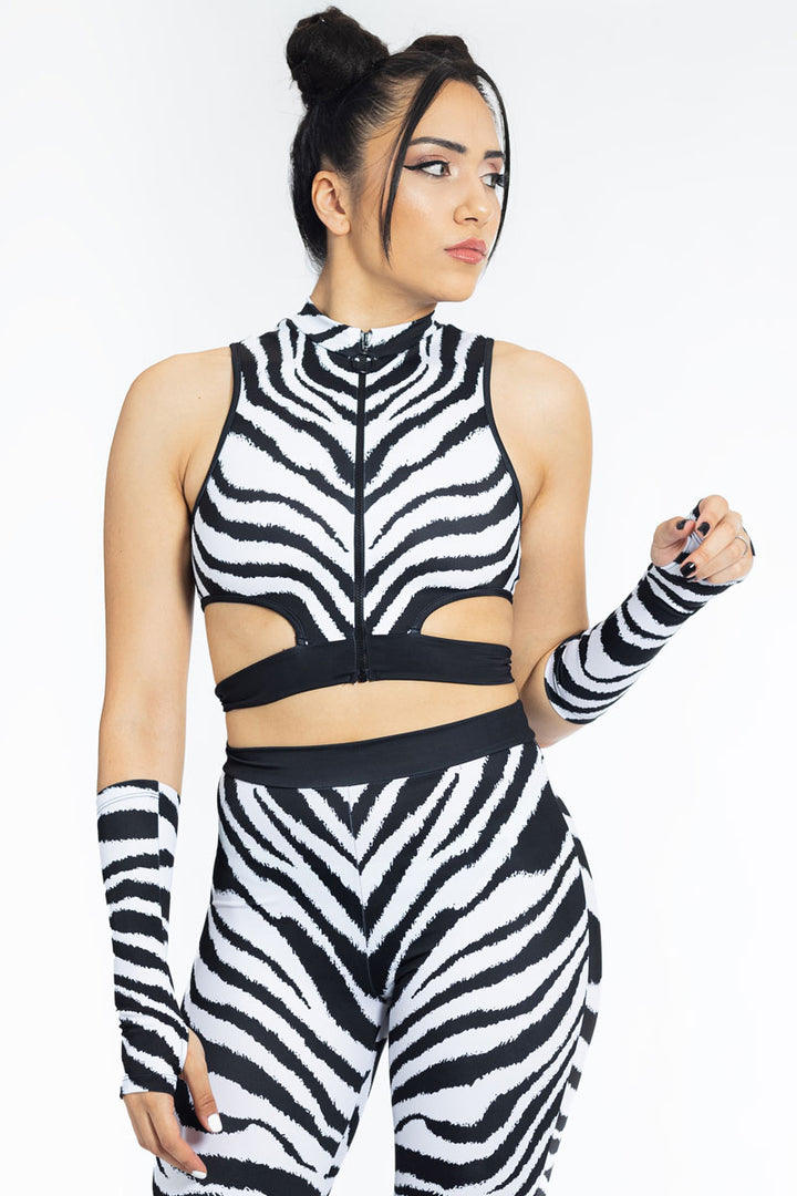 Black and White Zebra Cut Out Front Zip Top | Devil Walking