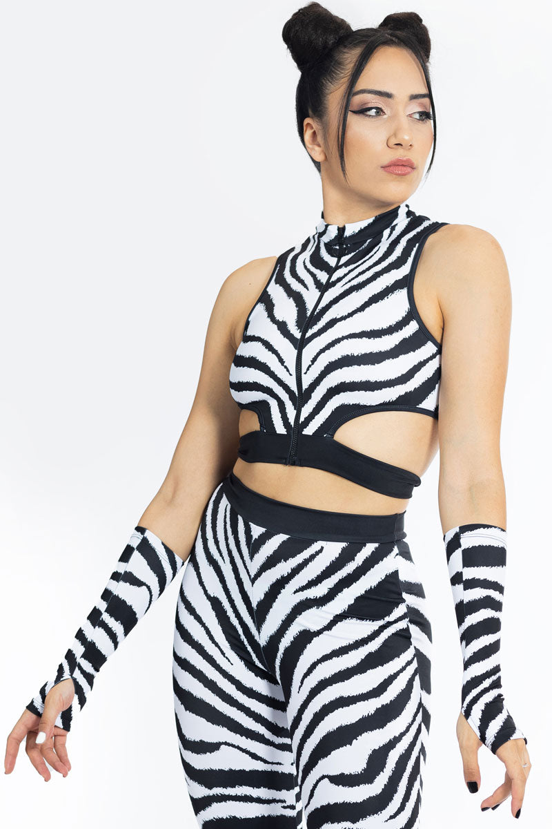Black and White Zebra Cut Out Front Zip Top | Devil Walking