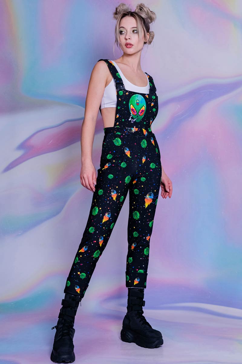 Alien 420 Overalls for Women in Black and Green | Devil Walking