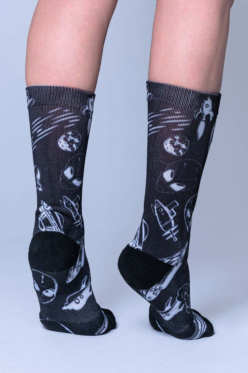 Black UFO Crew Socks with Aliens and Rockets | Devil Walking