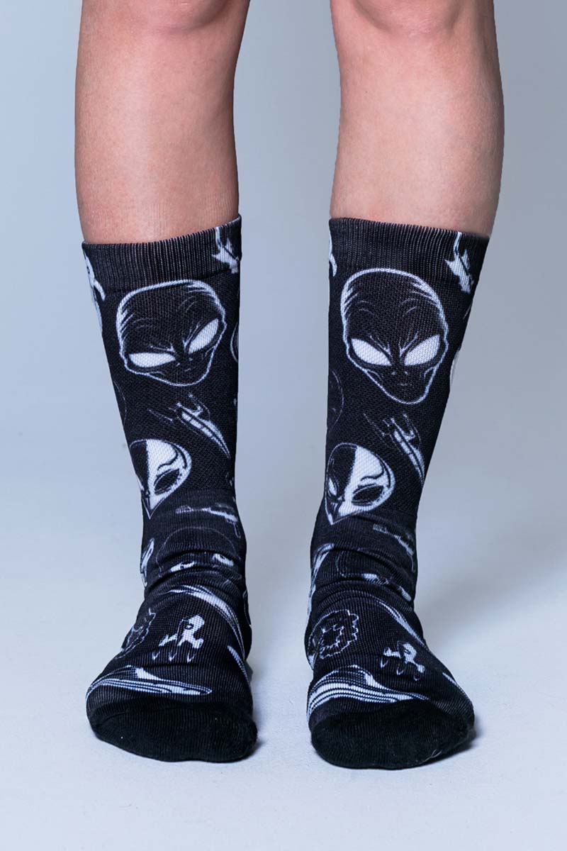 Black UFO Crew Socks with Aliens and Rockets | Devil Walking