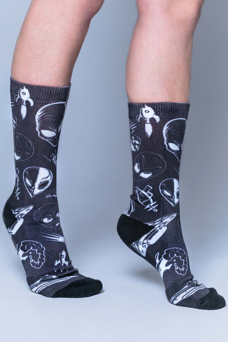 Black UFO Crew Socks with Aliens and Rockets | Devil Walking