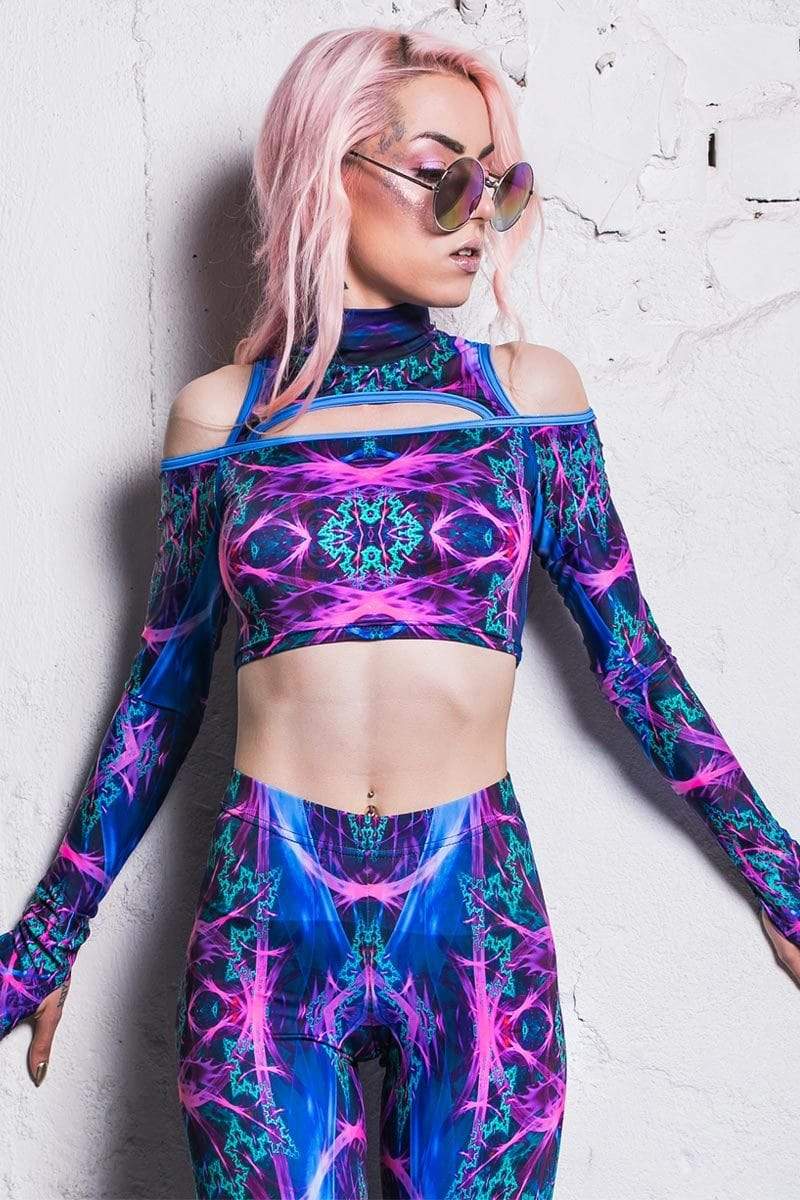 Blue Cold Shoulder Crop Top with Thumb Holes | Devil Walking