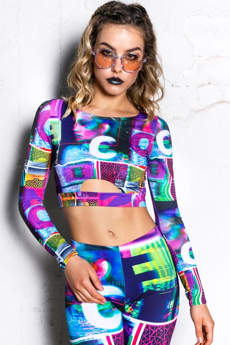 Digital Rave Cropped Top with Scoop Neck & Glitch Print | Devil Walking
