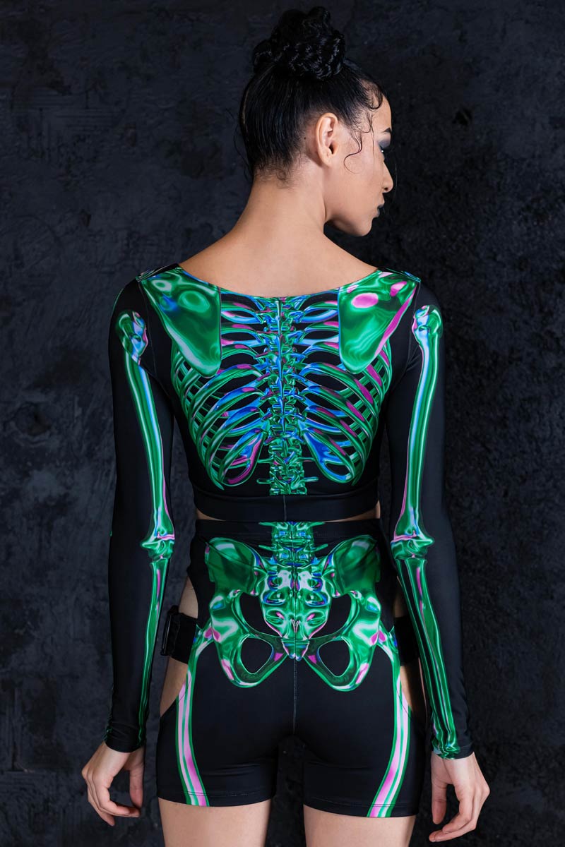 Emerald Skeleton Biker Shorts Set - Rave Outfit | Devil Walking