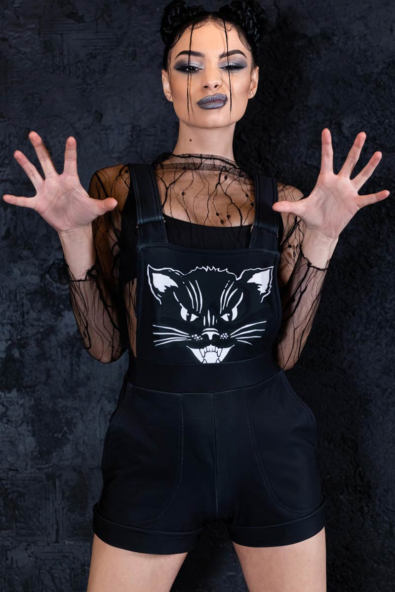 Evil Kitty Black Shortalls for Women - Goth Outfit | Devil Walking