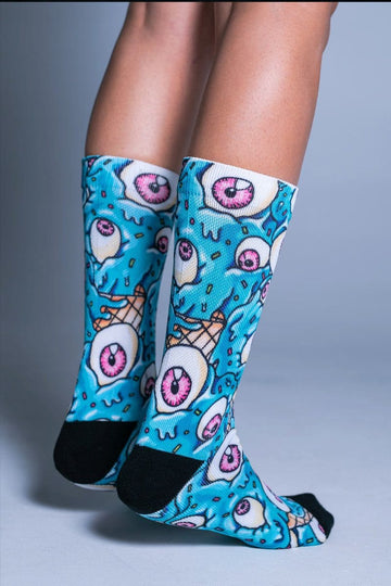 Blue Eyes Cream Crew Socks for Halloween | Devil Walking