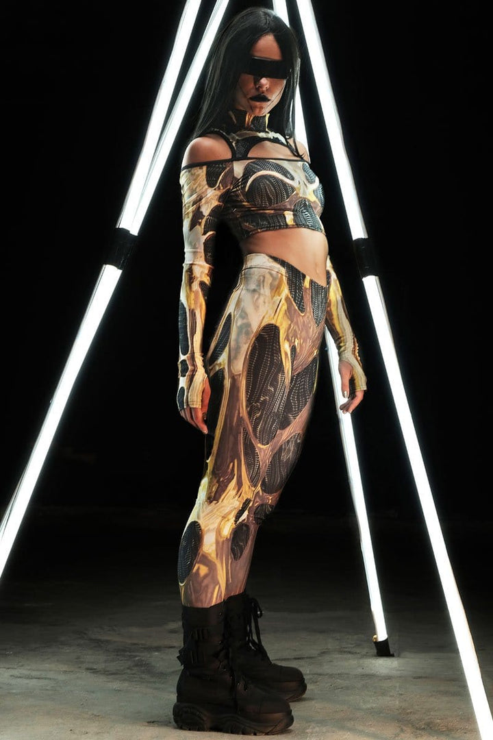 Cosplay Cyborg Leggings for Halloween in Gold Print | Devil Walking