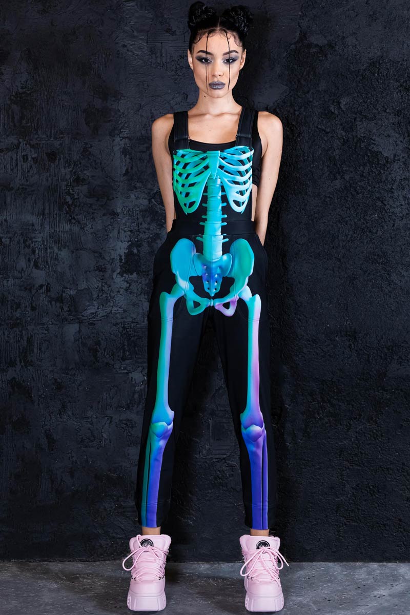Mint Skeleton Halloween Overalls for Women | Devil Walking