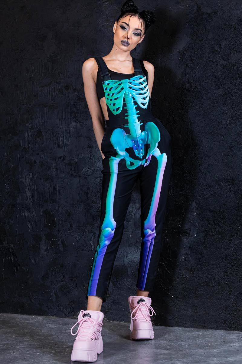 Mint Skeleton Halloween Overalls for Women | Devil Walking